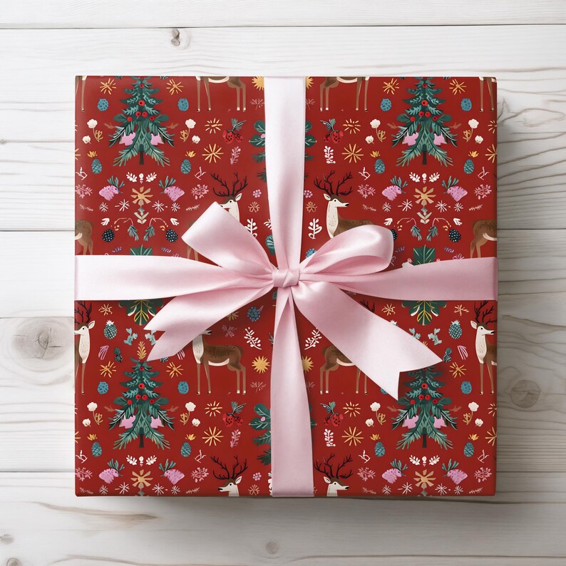 Reindeer Christmas Wrapping Paper, Red Holiday Gift Wrap, Whimsical ...