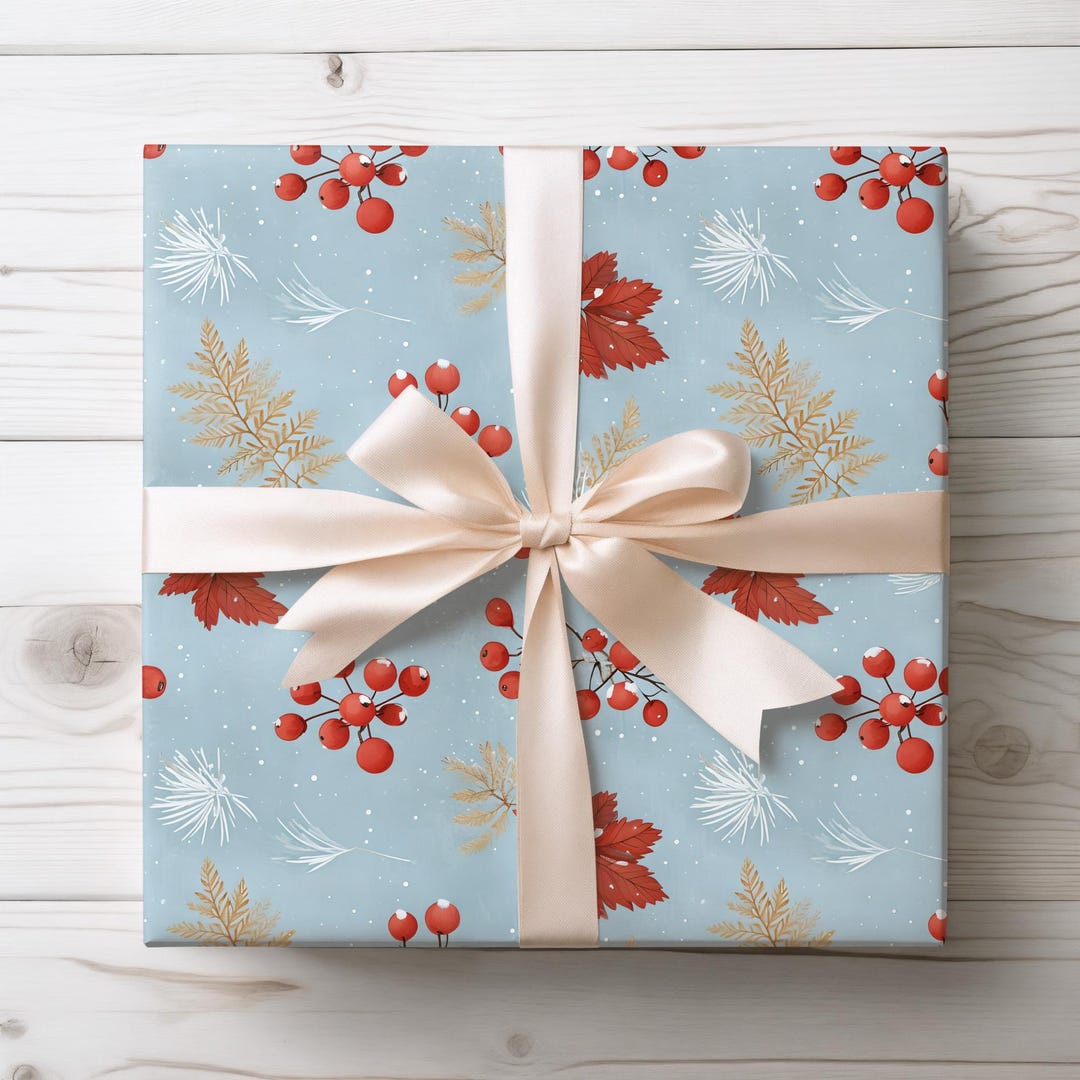 Winter Botanical Wrapping Paper, Red Berries & Leaves Gift Wrap, Snowy ...