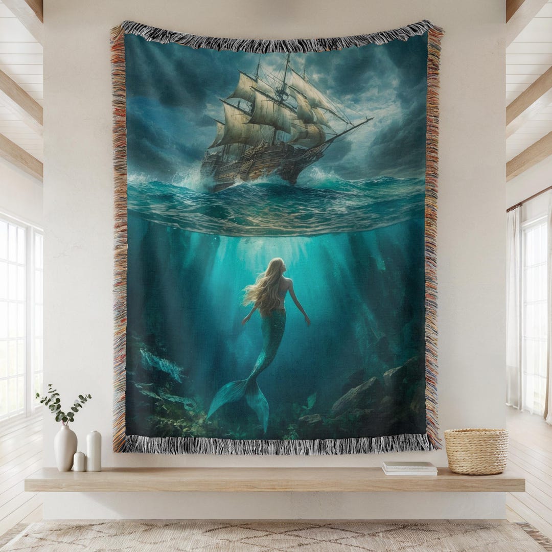 Mermaid Fantasy Tapestry, Sailing Ship Ocean Blanket, Mythical Woven ...