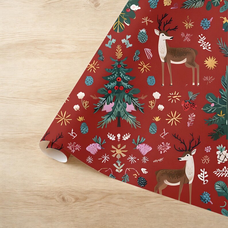 Reindeer Christmas Wrapping Paper, Red Holiday Gift Wrap, Whimsical ...