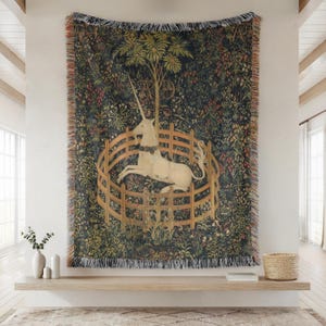Medieval Tapestry, Unicorn in Captivity Woven Blanket, Mythical French ...