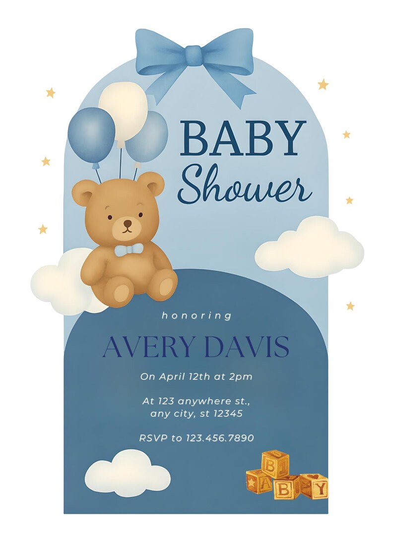 Blue Teddy Bear Baby Shower Invitation – Boy Baby Shower Canva Template ...