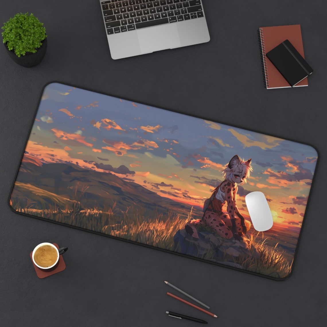Hyena Girl on Savanah Sunset Desk Mat, Furry, Fursona, Art, Computer ...