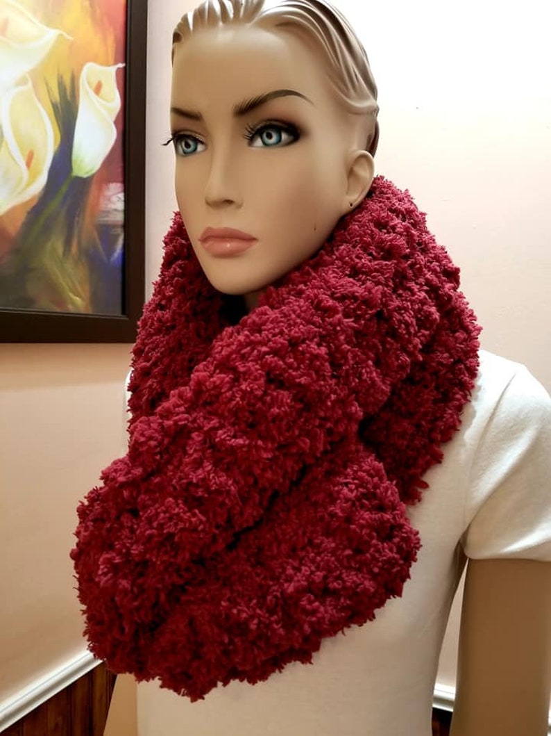 Red Crochet Infinity Scarf, Soft Fleece Scarf, Sherpa Knit Scarf, Red ...