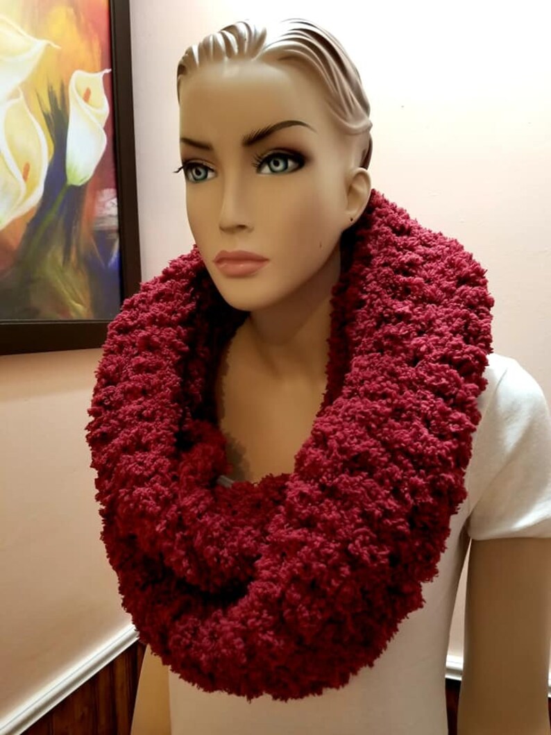 Red Crochet Infinity Scarf, Soft Fleece Scarf, Sherpa Knit Scarf, Red ...