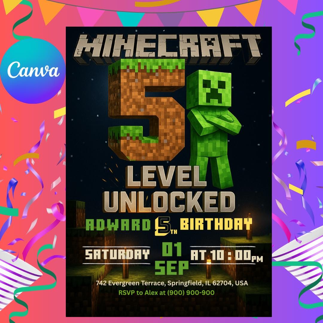 Editable Pixel 5th Birthday Invitation Block Party Invite Gamer ...