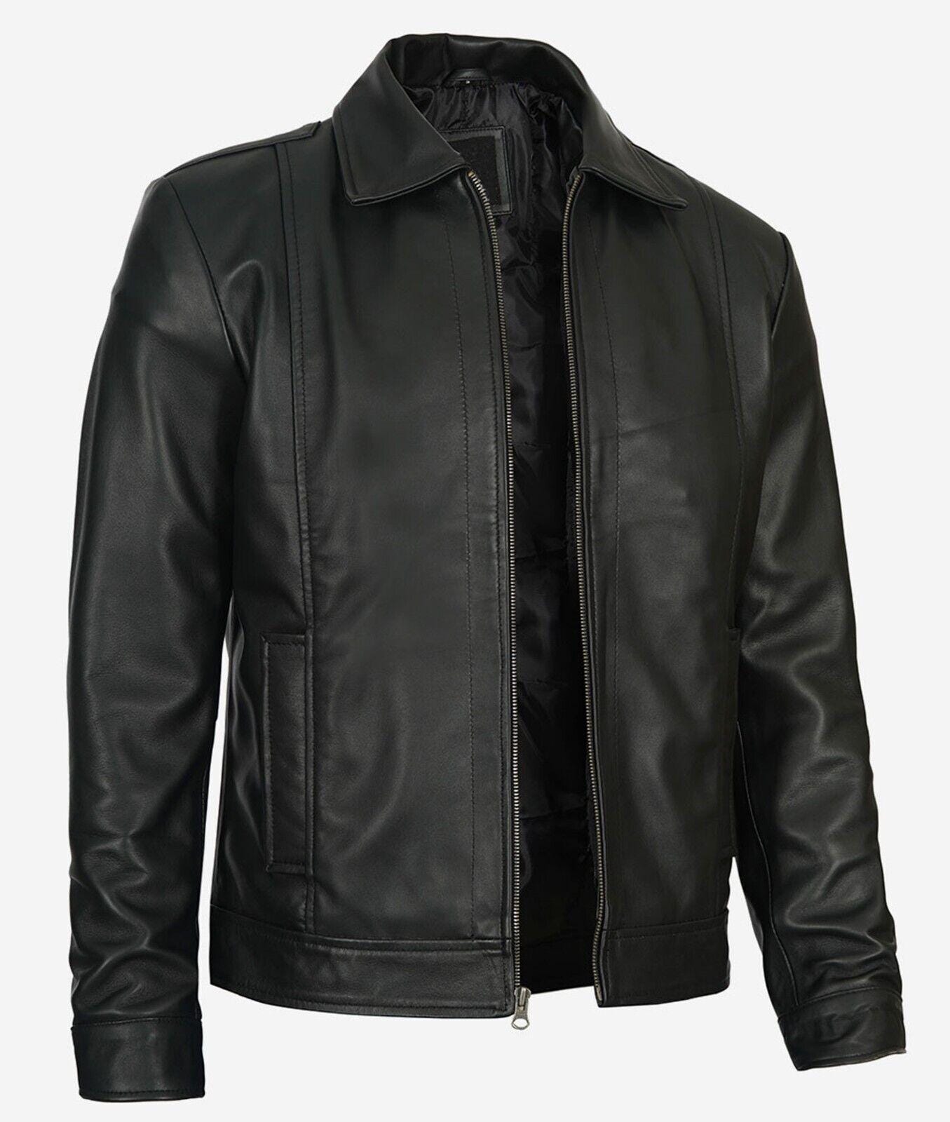 Men’s Black Leather Zip Jacket – Classic Collar & Minimalist Style - Etsy
