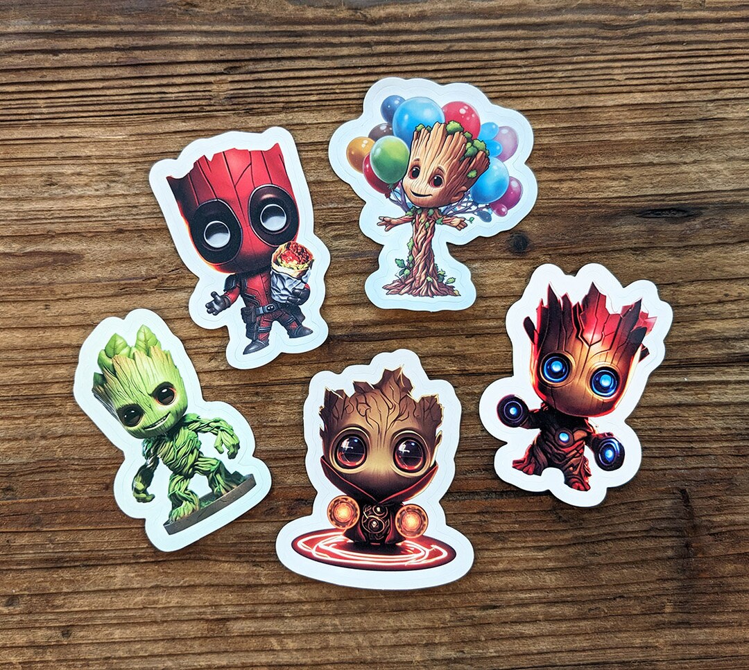Baby Groot Mash-up Set of 5 Marvel Stickers of Deadpool, Iron Man, Hulk ...