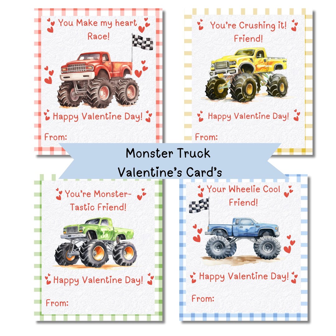 Monster Truck Valentine Cards | Printable Classroom Valentines ...
