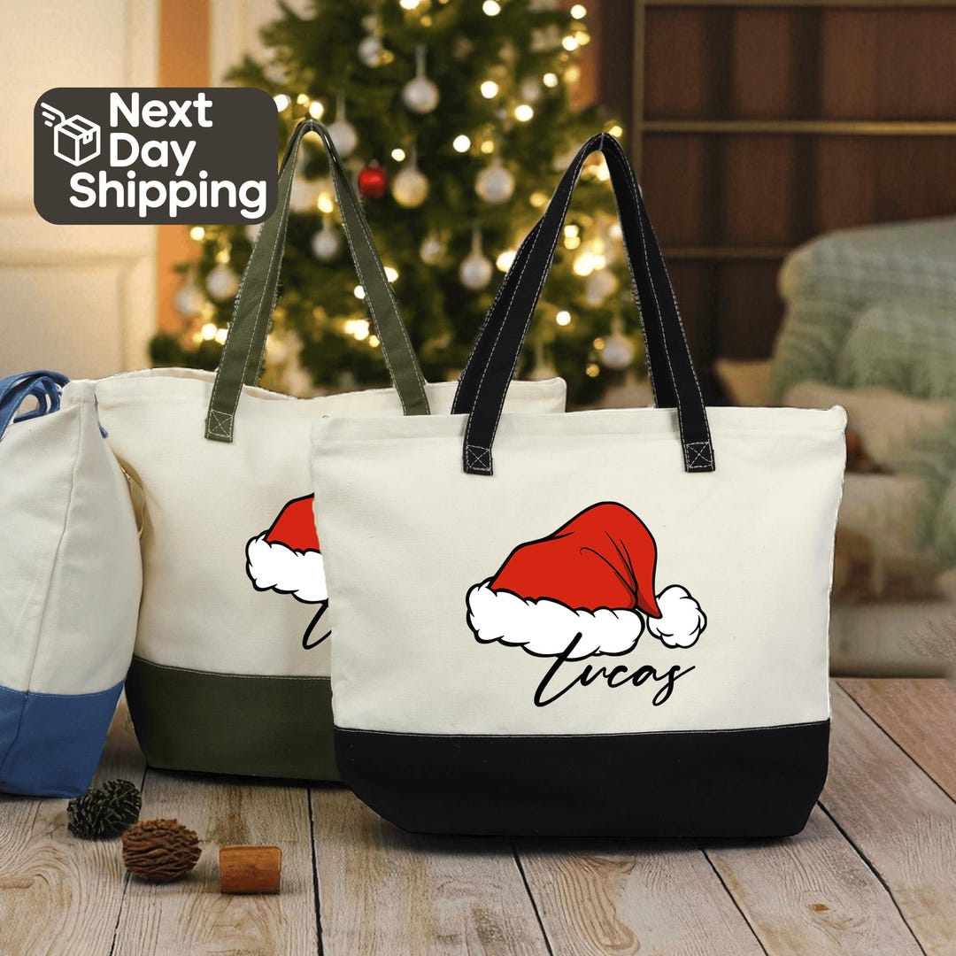 Personalized Santa Hat Tote Bag – Custom Name Christmas Tote, Holiday ...