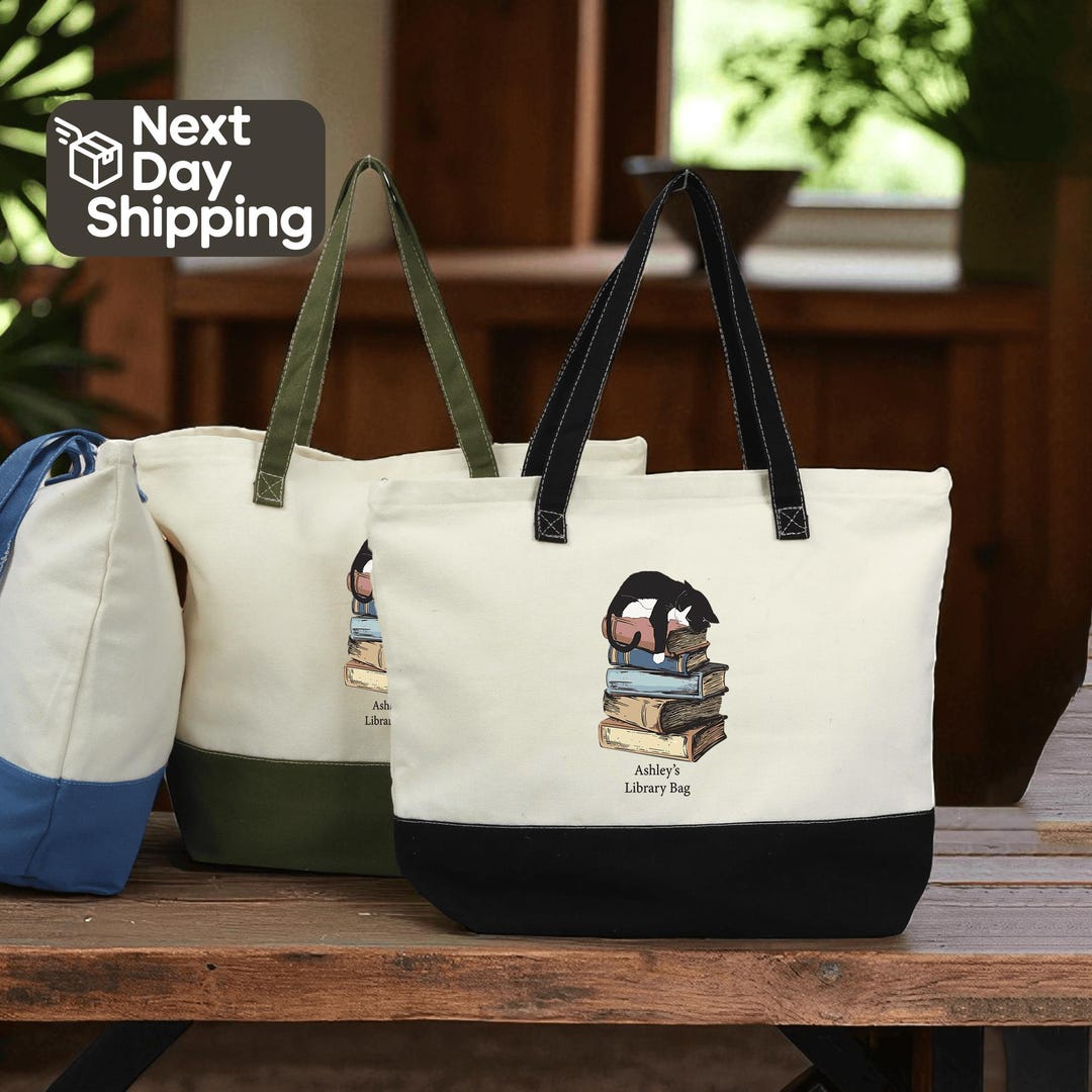 Personalized Cat Book Tote Bag With Name, Cute Reading Cat Canvas Tote ...