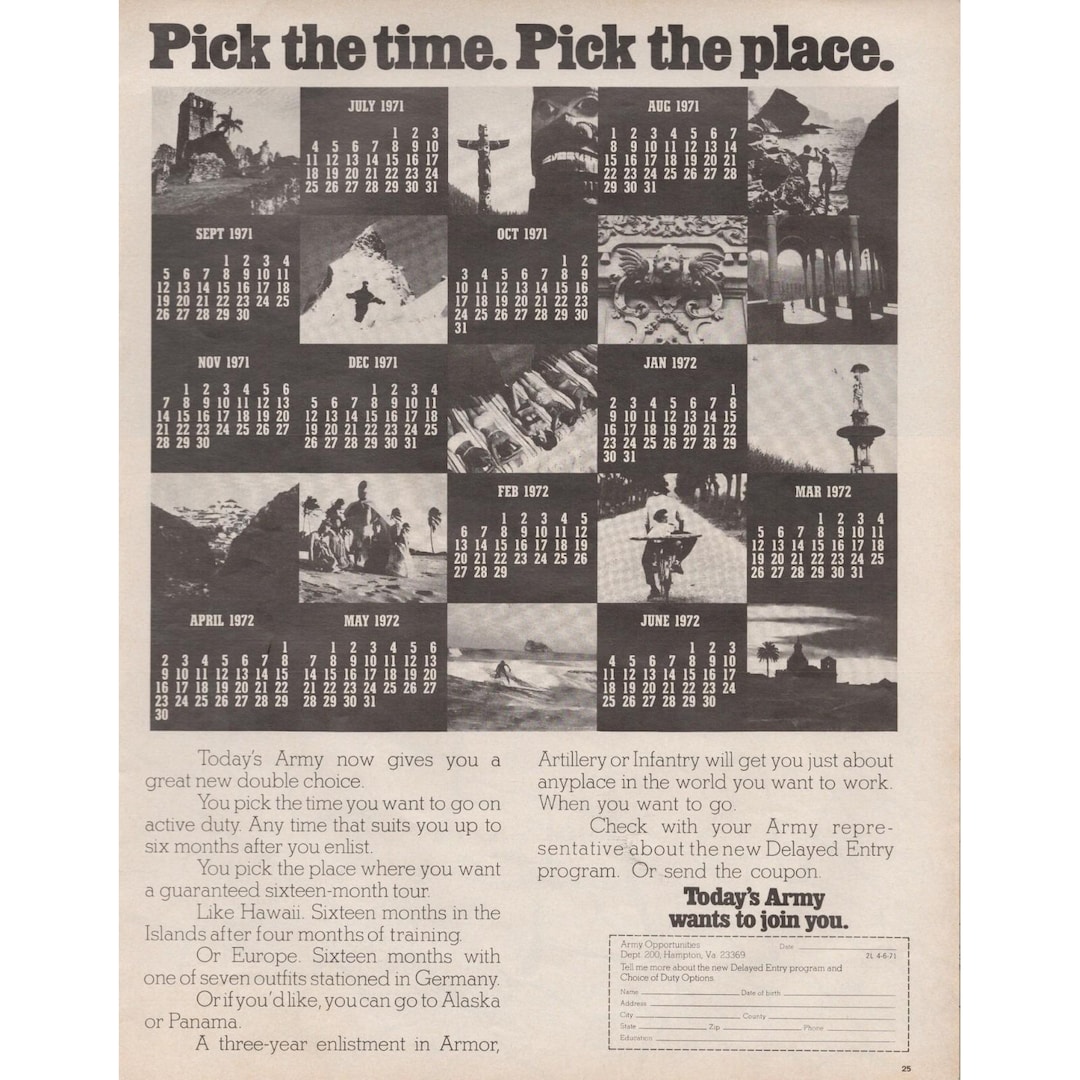 U.S. Army Pick the Time Pick the Place Enlistment Calendar Print Ad ...
