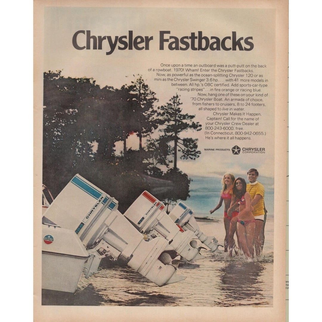 Chrysler Fastbacks Marine Outboard Speed Boat Motors Vintage Print Ad ...