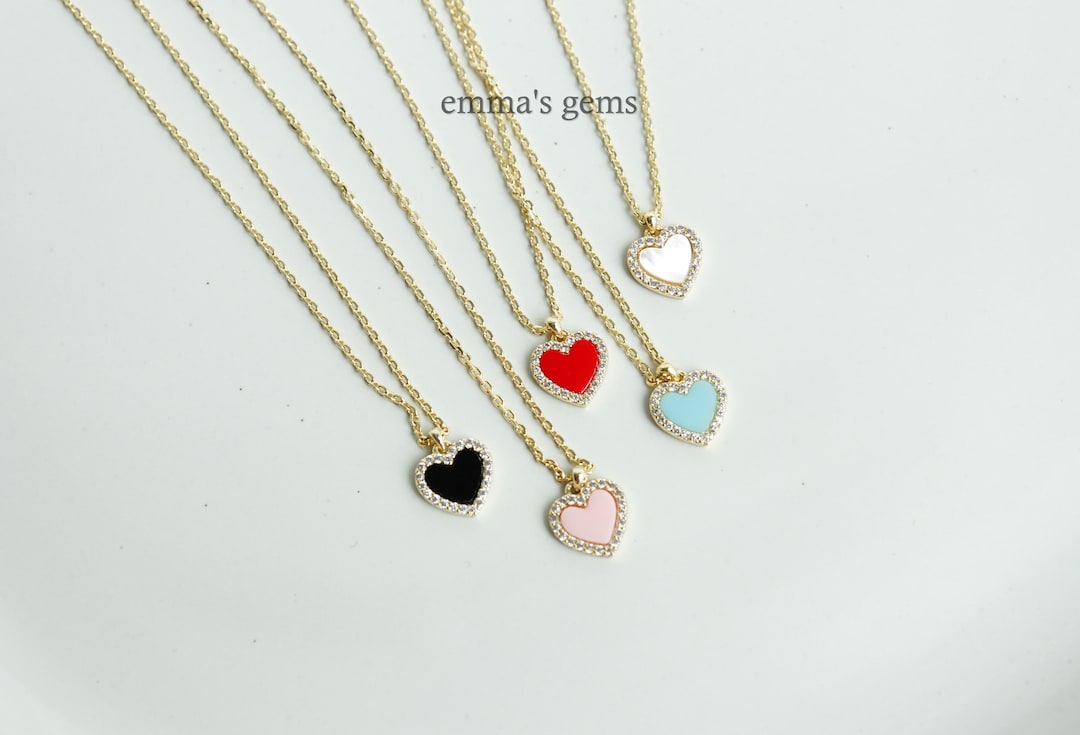 Dainty CZ Heart Outline Color Inlay Necklace, Tiny Heart, Gold Dipped ...