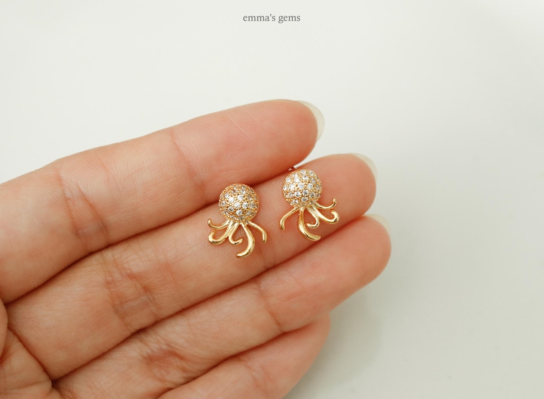 Tiny Octopus Crystal Studded Earrings, Mollusk Jewelry, Dainty ...