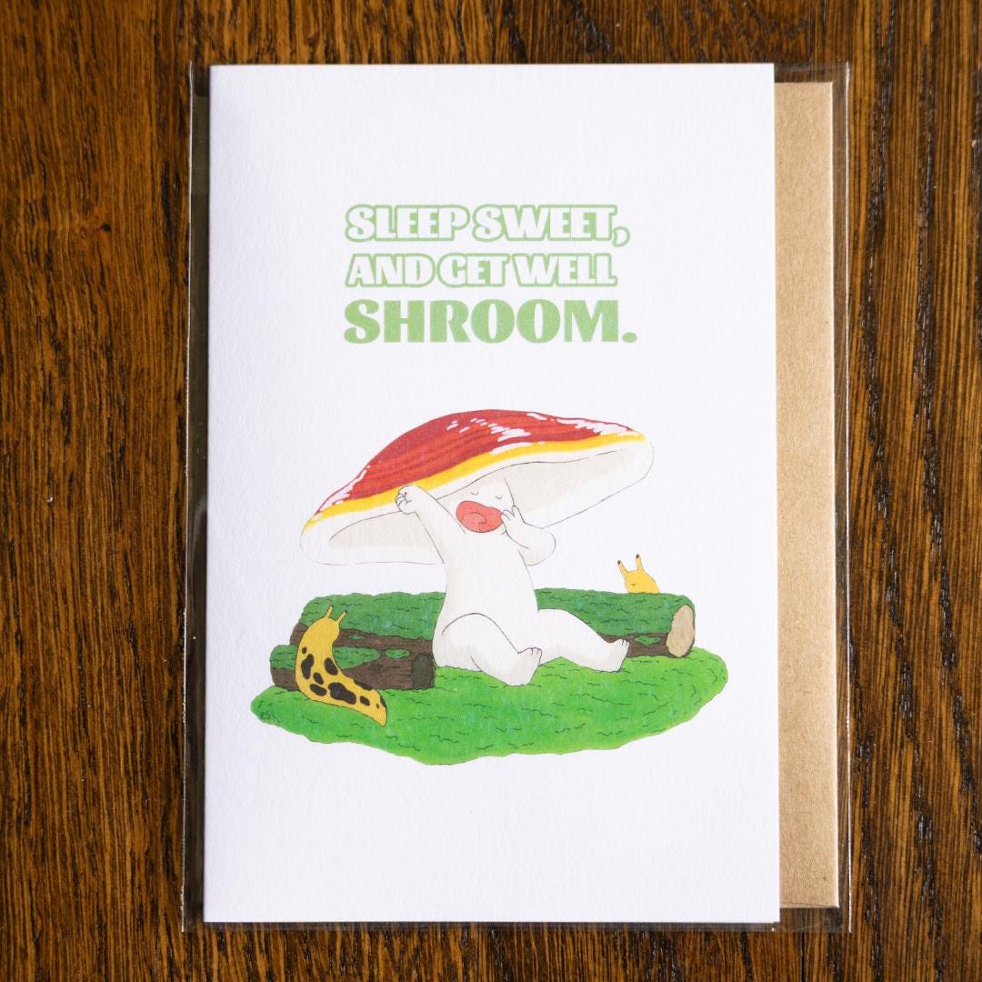 Cute Mushroom Greeting Card + Self-seal Envelope ("slumbo Wants More ...