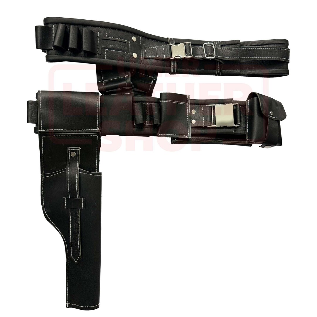 Custom Made Black Leather Belt With Bandolier & Holster White Stitch ...