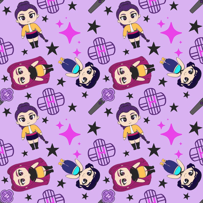 Seamless Pattern Kpop Demon Hunters - Chibi Anime Huntrix Stars - Etsy