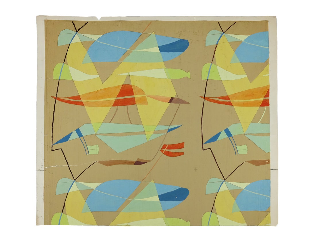 Vintage MCM Hand-painted Wallpaper Art Study, Original Artwork (29x25.5 ...