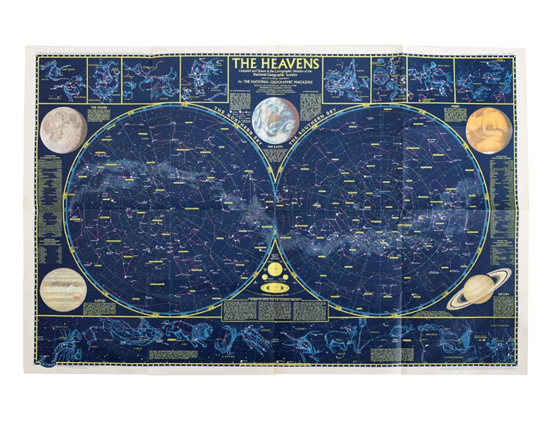 Vintage Map of the Heavens & Star Chart 1970 National Geographic Large ...