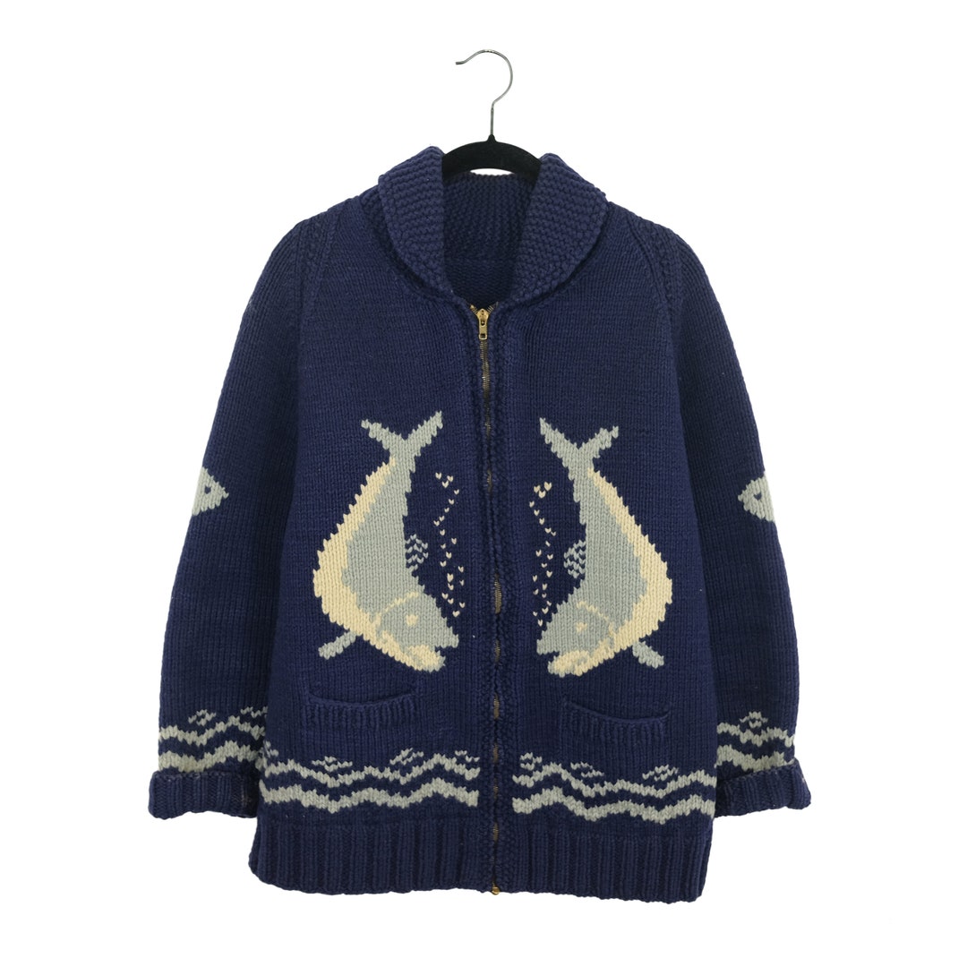 Vintage Handmade Cowichan Classic Fish Whale Design Shawl Collar Wool ...