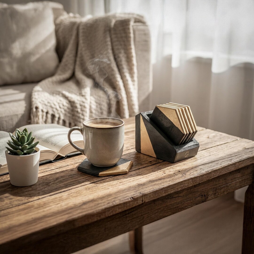 Hexagon Concrete Coaster Set – Cooper Leaf Accent, Modern Industrial ...
