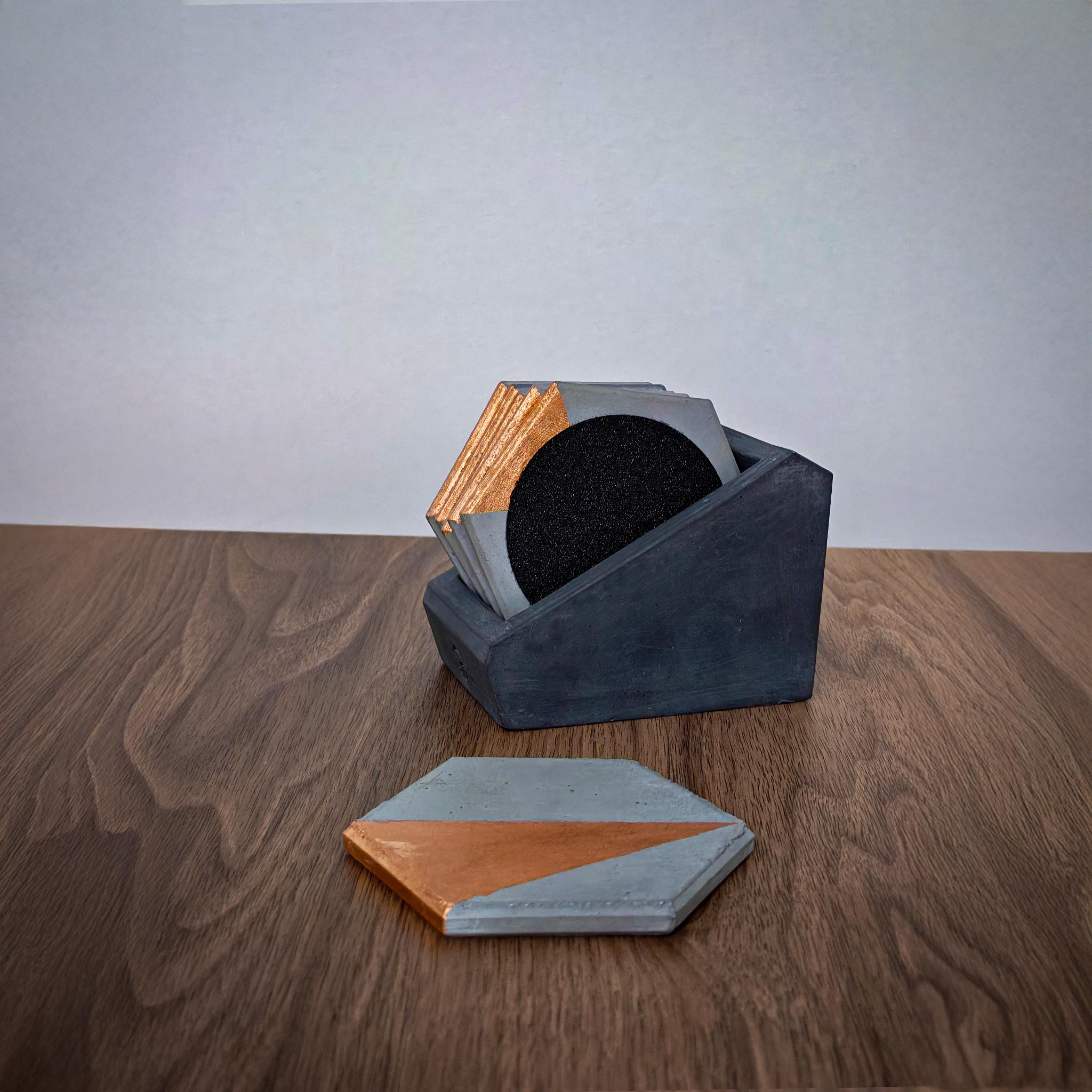 Hexagon Concrete Coaster Set – Cooper Leaf Accent, Modern Industrial ...