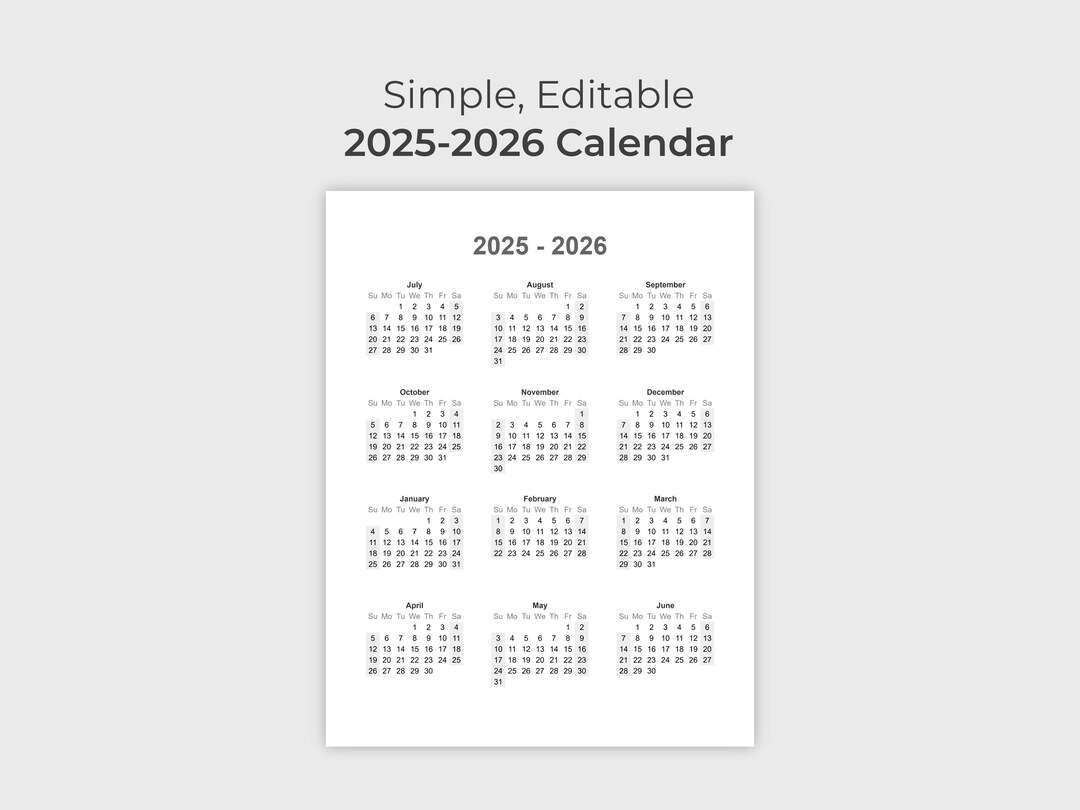 2025-2026 School Calendar: Simple Printable Wall Template (letter/a4 ...