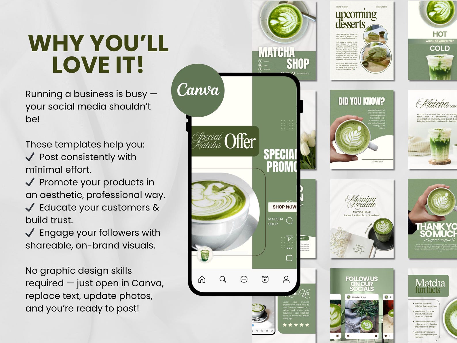 Canva Matcha Instagram Stories and Posts Bundle, Editable Templates ...