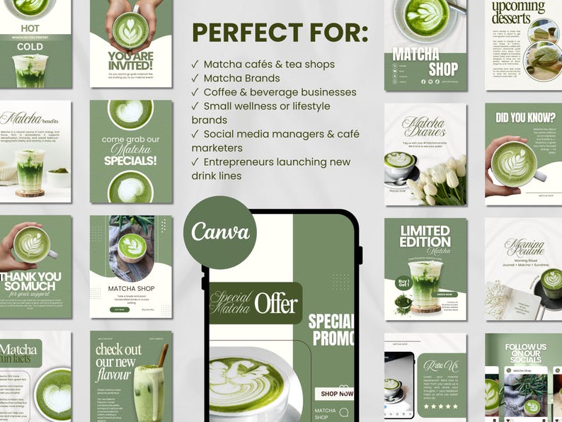 Canva Matcha Instagram Stories and Posts Bundle, Editable Templates ...