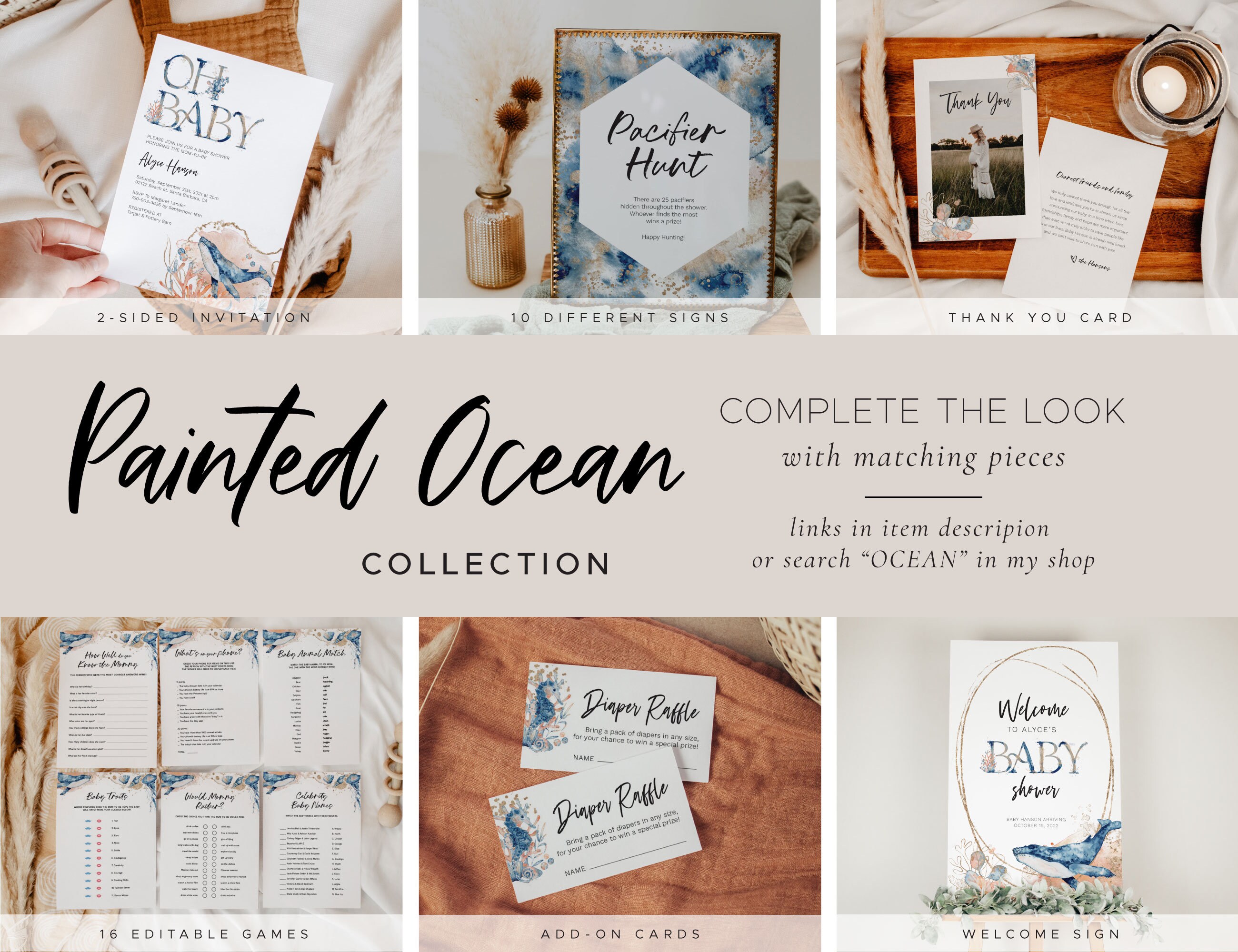 Watercolor Ocean Baby Shower Sign Bundle Editable Template Nautical ...