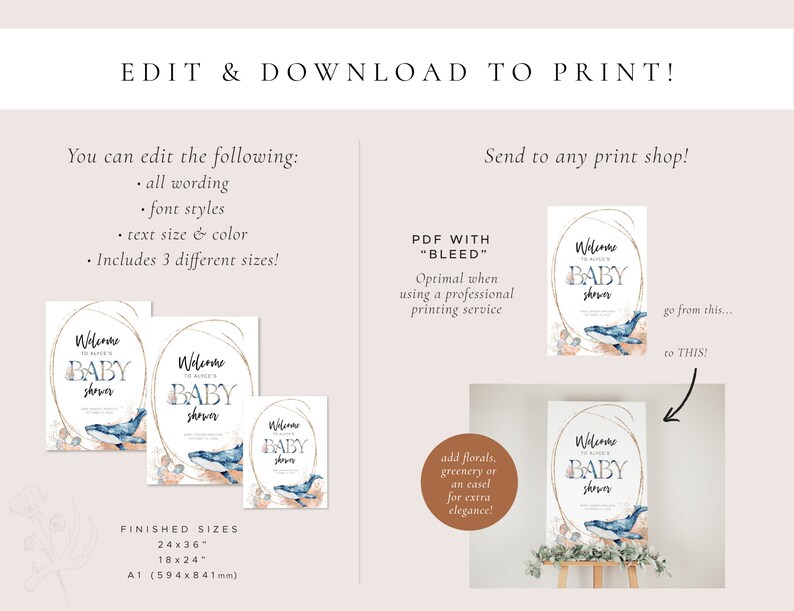 Watercolor Ocean Baby Shower Welcome Sign | Editable Template ...