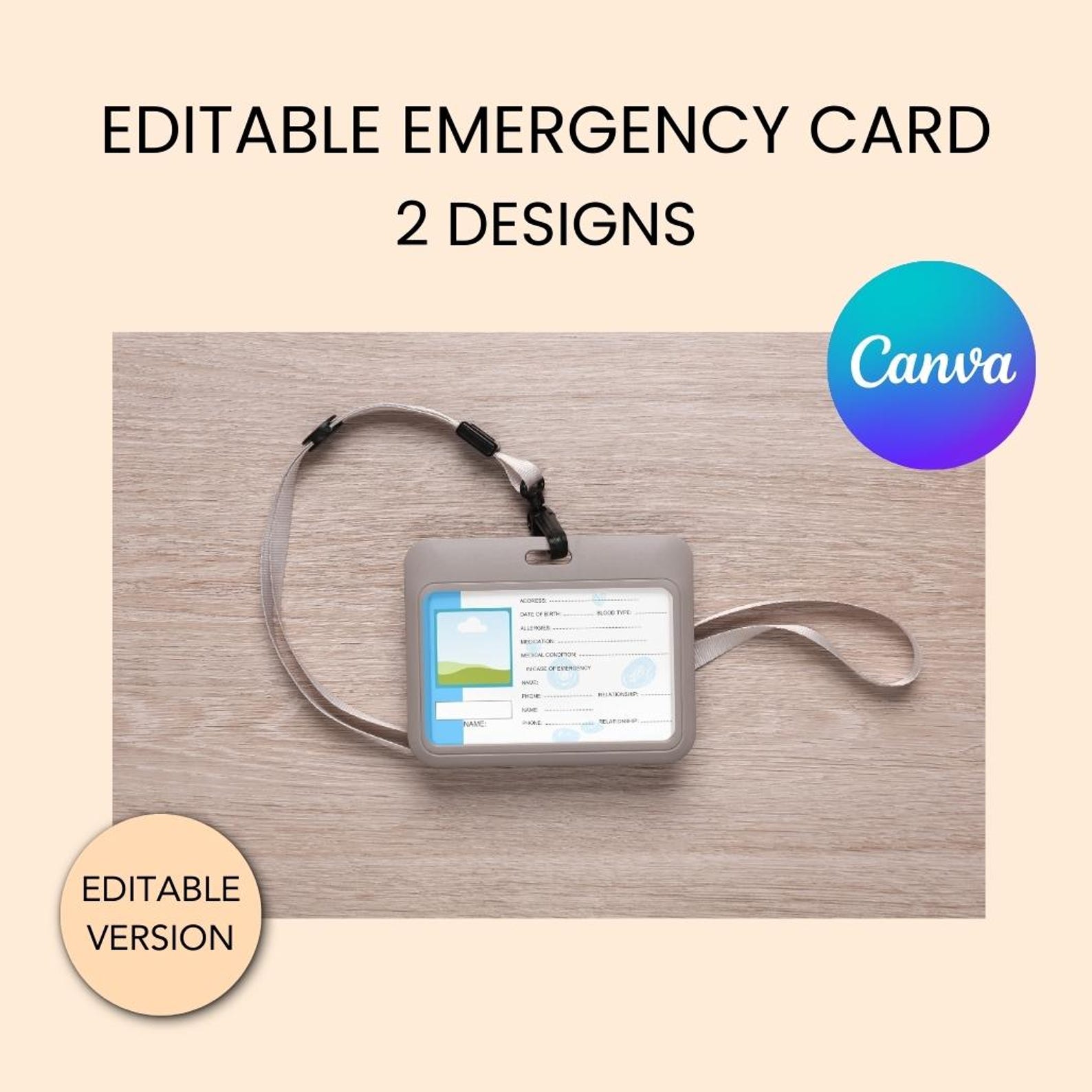 Editable Kids Emergency Contact Card: Printable Medical ID, School ...