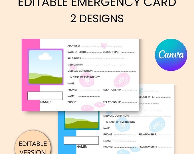 Editable Kids Emergency Contact Card: Printable Medical ID, School ...