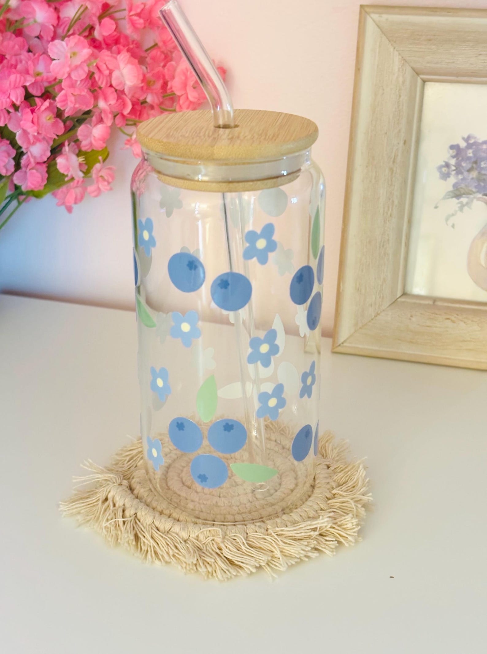 Blueberry Glass Cup, Glass Cup With Lid and Straw, Blueberry Cup, Iced ...