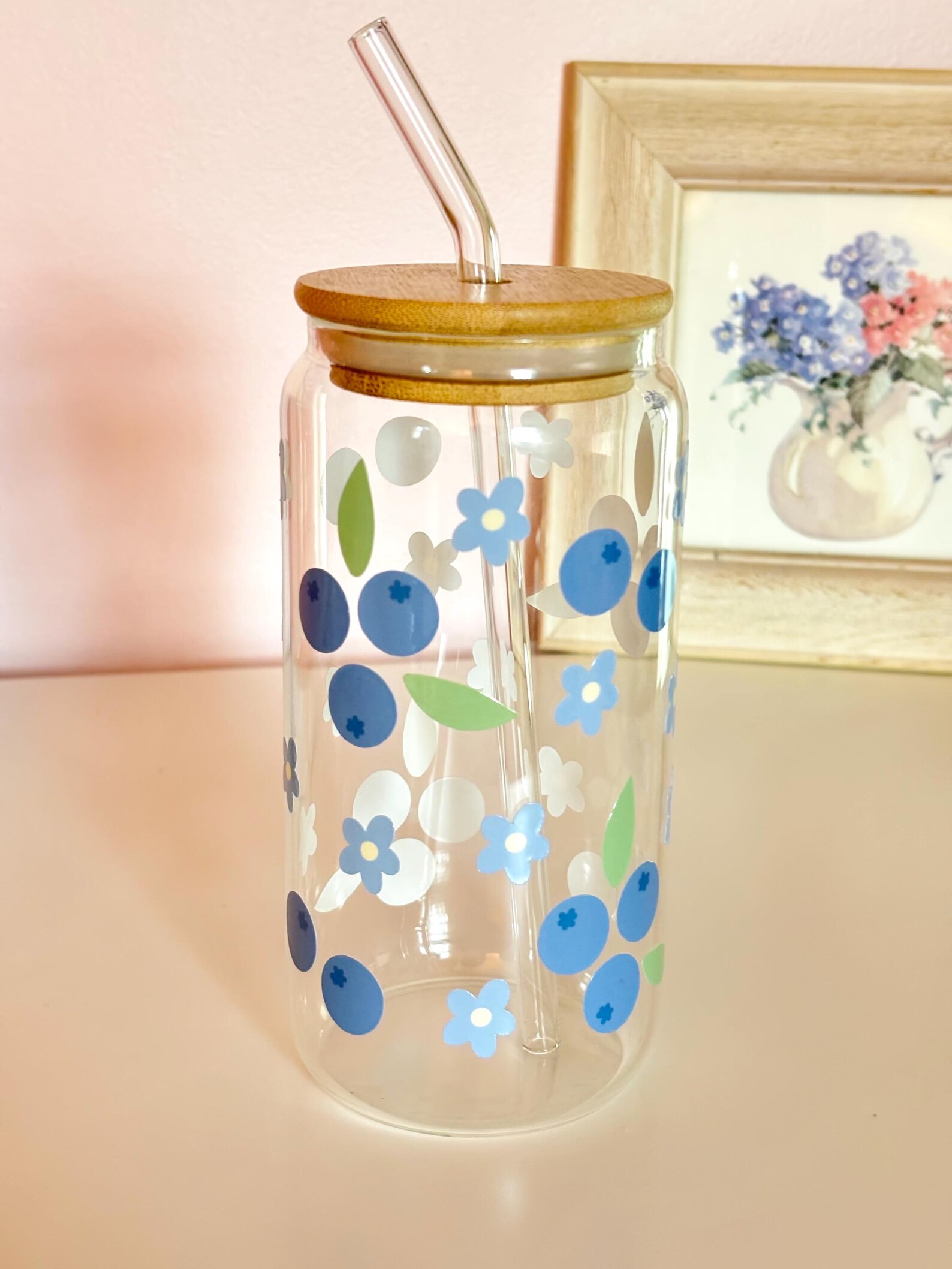 Blueberry Glass Cup, Glass Cup With Lid and Straw, Blueberry Cup, Iced ...