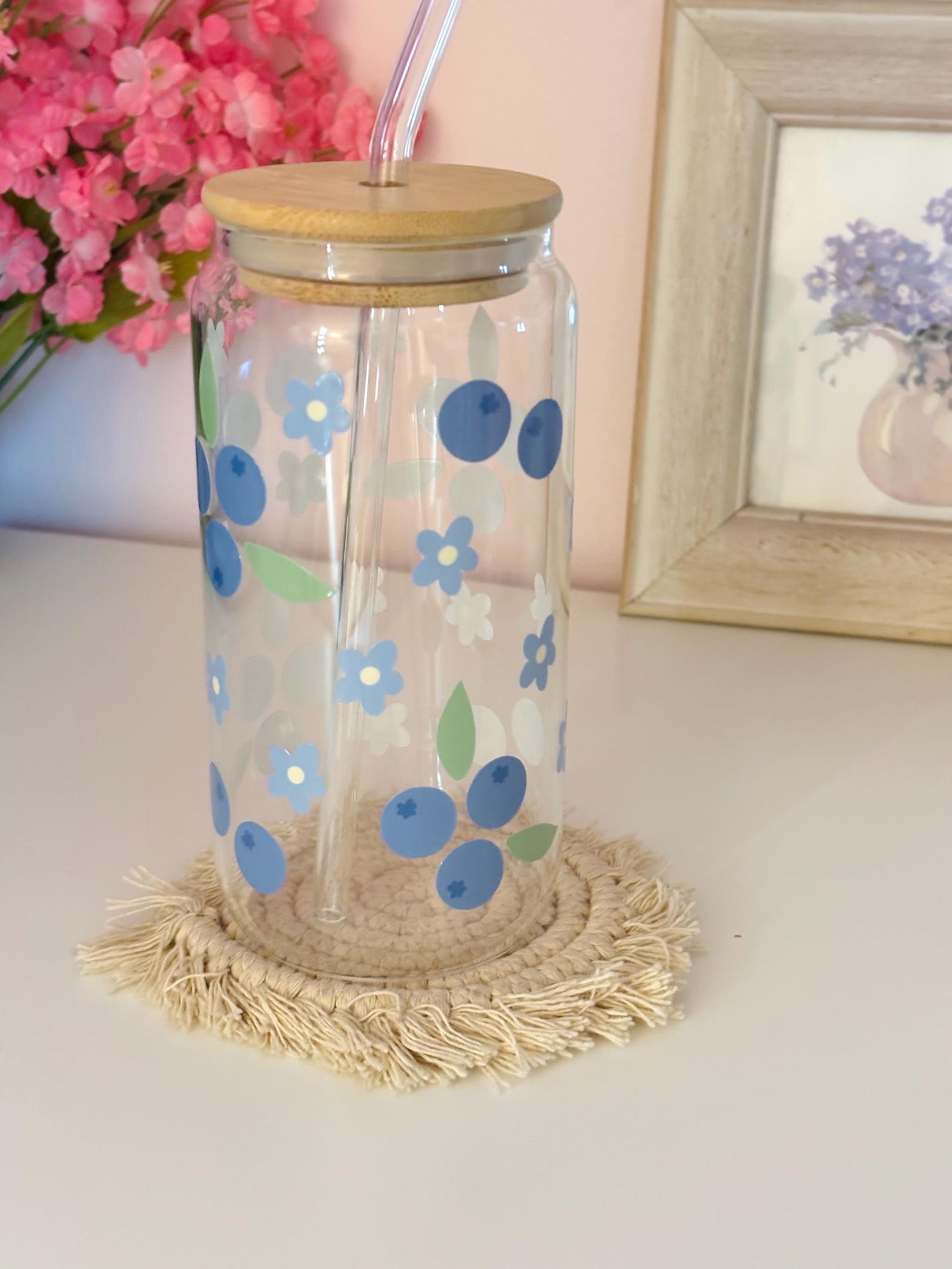 Blueberry Glass Cup, Glass Cup With Lid and Straw, Blueberry Cup, Iced ...