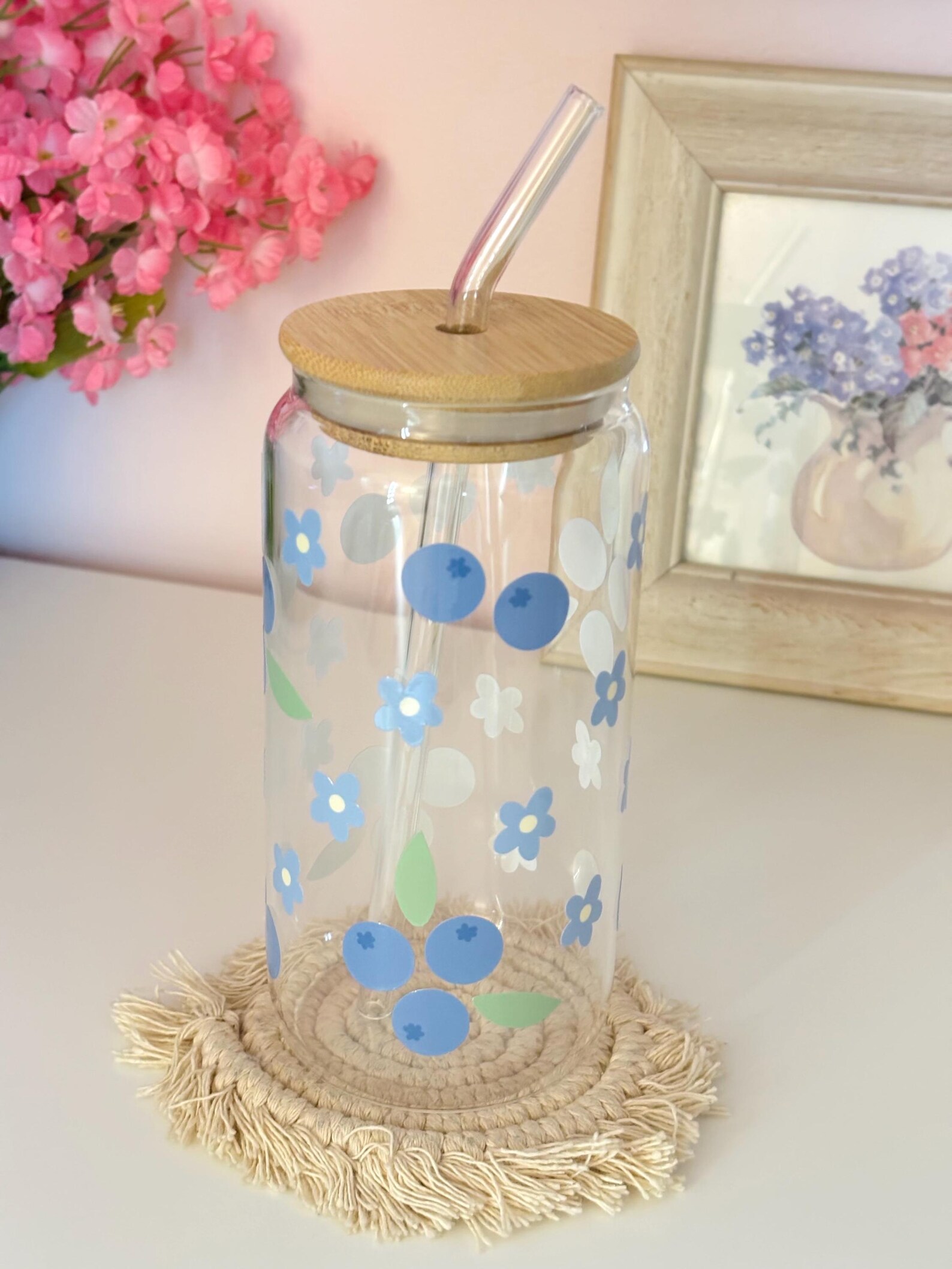 Blueberry Glass Cup, Glass Cup With Lid and Straw, Blueberry Cup, Iced ...