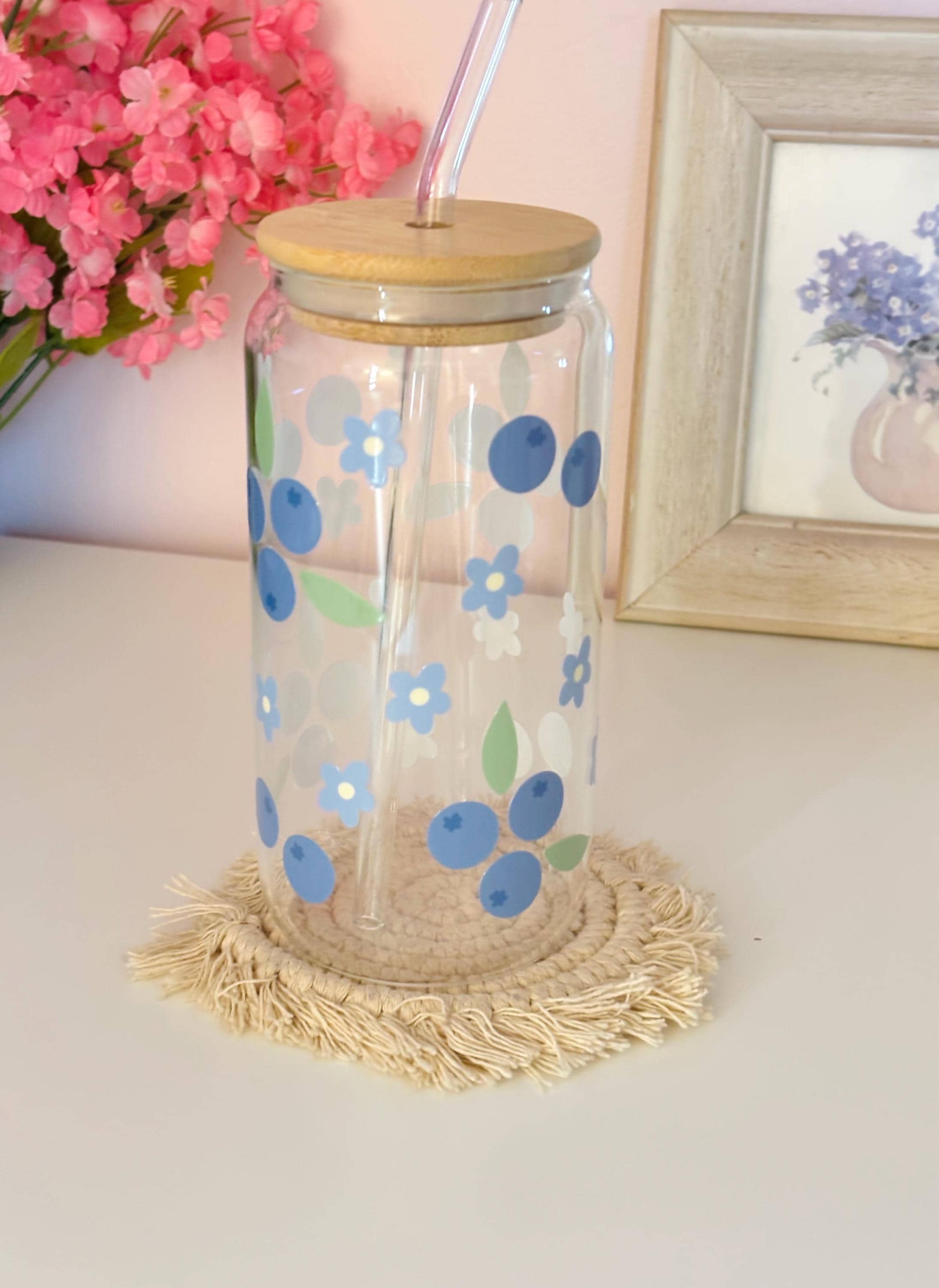 Blueberry Glass Cup, Glass Cup With Lid and Straw, Blueberry Cup, Iced ...
