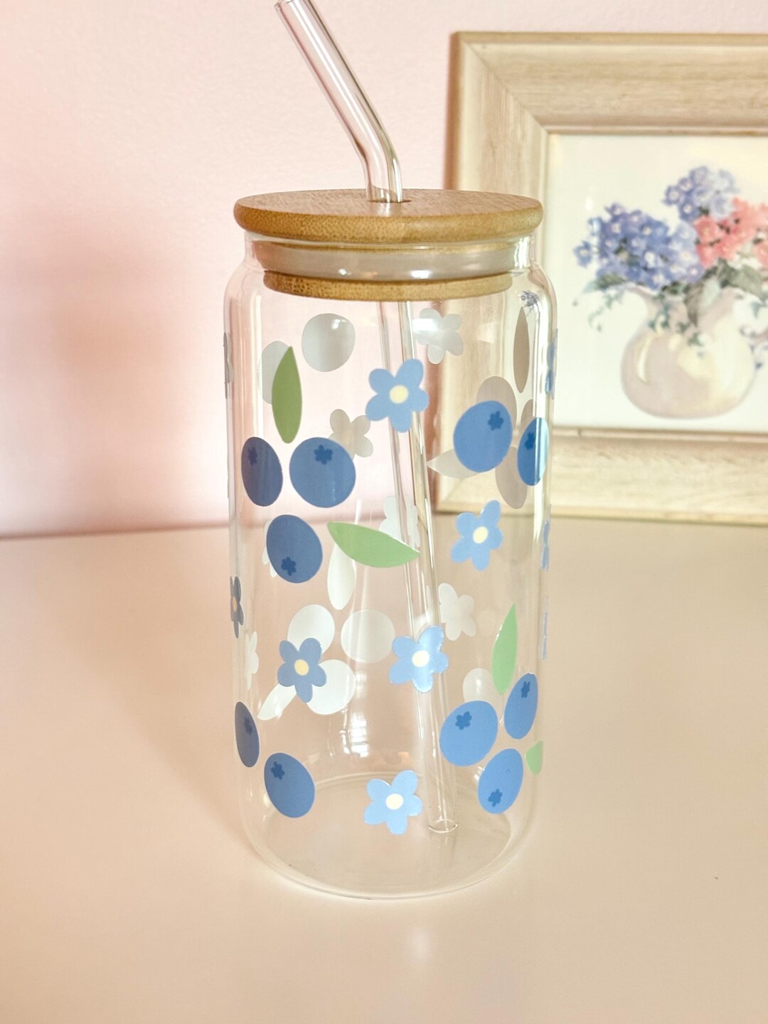 Blueberry Glass Cup, Glass Cup With Lid and Straw, Blueberry Cup, Iced ...