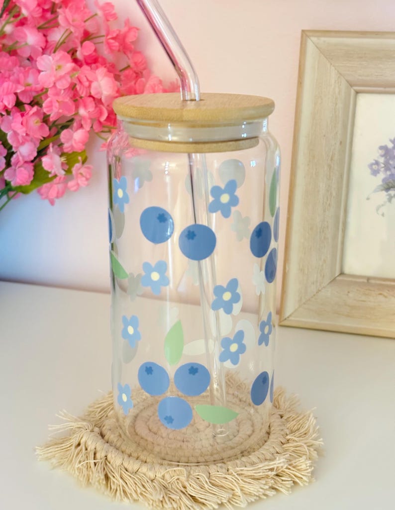 Blueberry Glass Cup, Glass Cup With Lid and Straw, Blueberry Cup, Iced ...