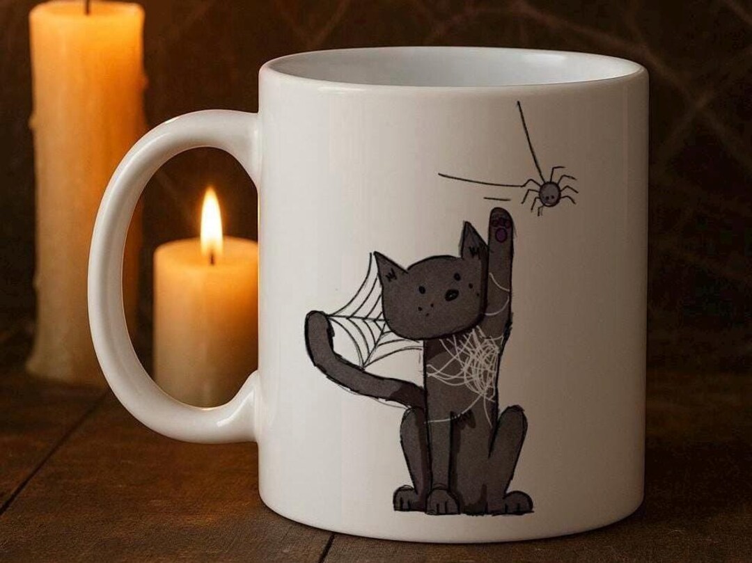 Halloween Cat Mug, Cute Black Cat With Spider, Spooky Coffee Mug ...