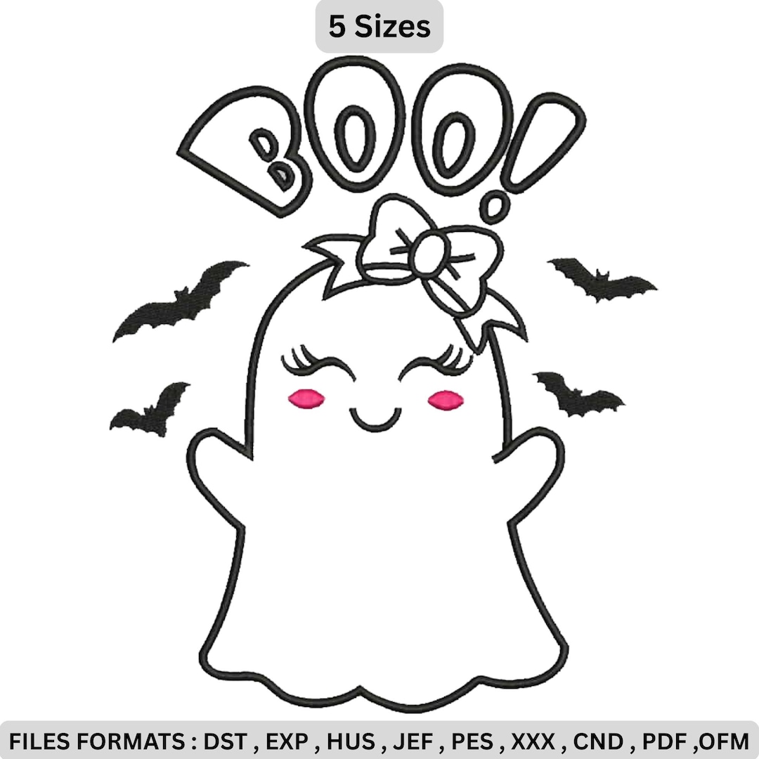 Spooky Cute Halloween Girly Ghost Embroidery Design – Kawaii Ghost ...