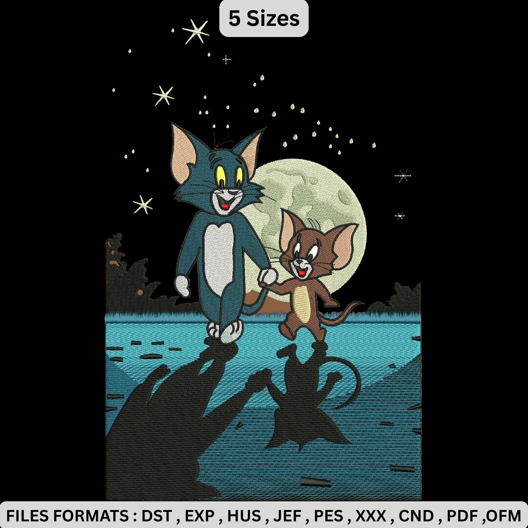 Cute Tom and Jerry Night Moon Embroidery Design, Cartoon Cat & Mouse ...