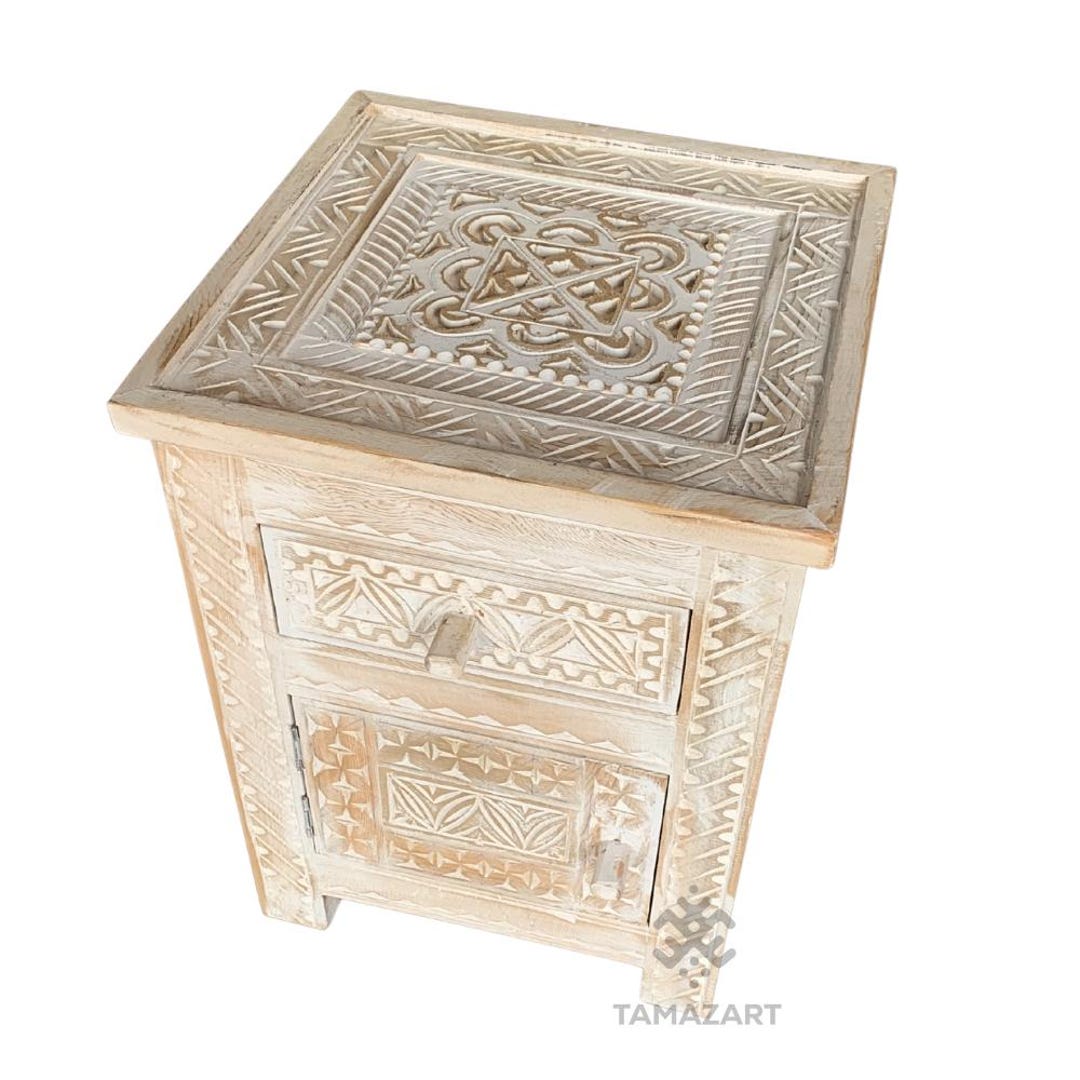 Moroccan Nightstand With Drawer & Door, Hand‑carved Solid Wood Bedside ...