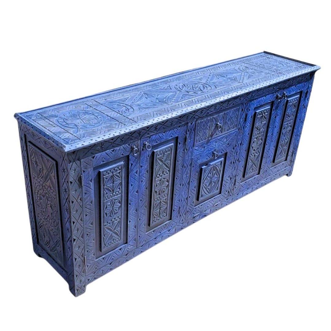 Majorelle Blue Moroccan Sideboard, Hand‑carved Solid Wood Buffet, Slim ...