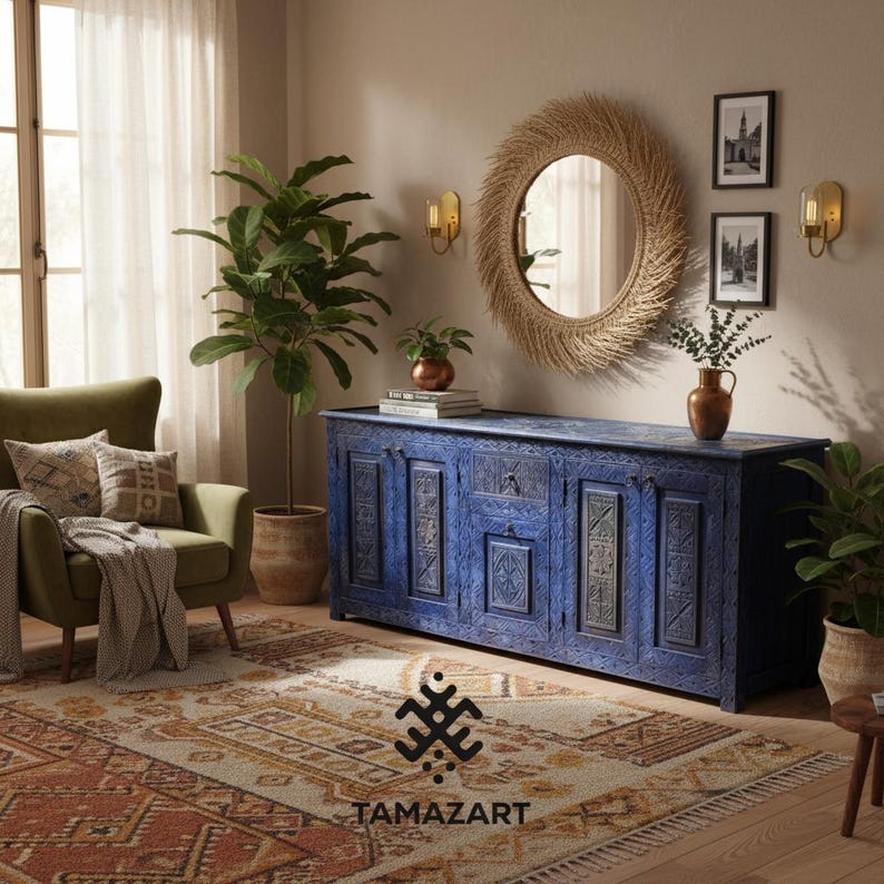 Majorelle Blue Moroccan Sideboard, Hand‑carved Solid Wood Buffet, Slim ...