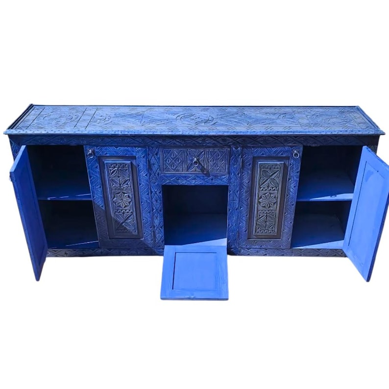 Majorelle Blue Moroccan Sideboard, Hand‑carved Solid Wood Buffet, Slim ...