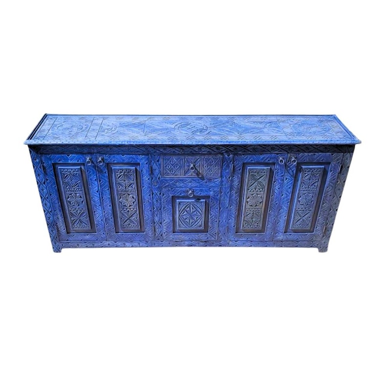 Majorelle Blue Moroccan Sideboard, Hand‑carved Solid Wood Buffet, Slim ...
