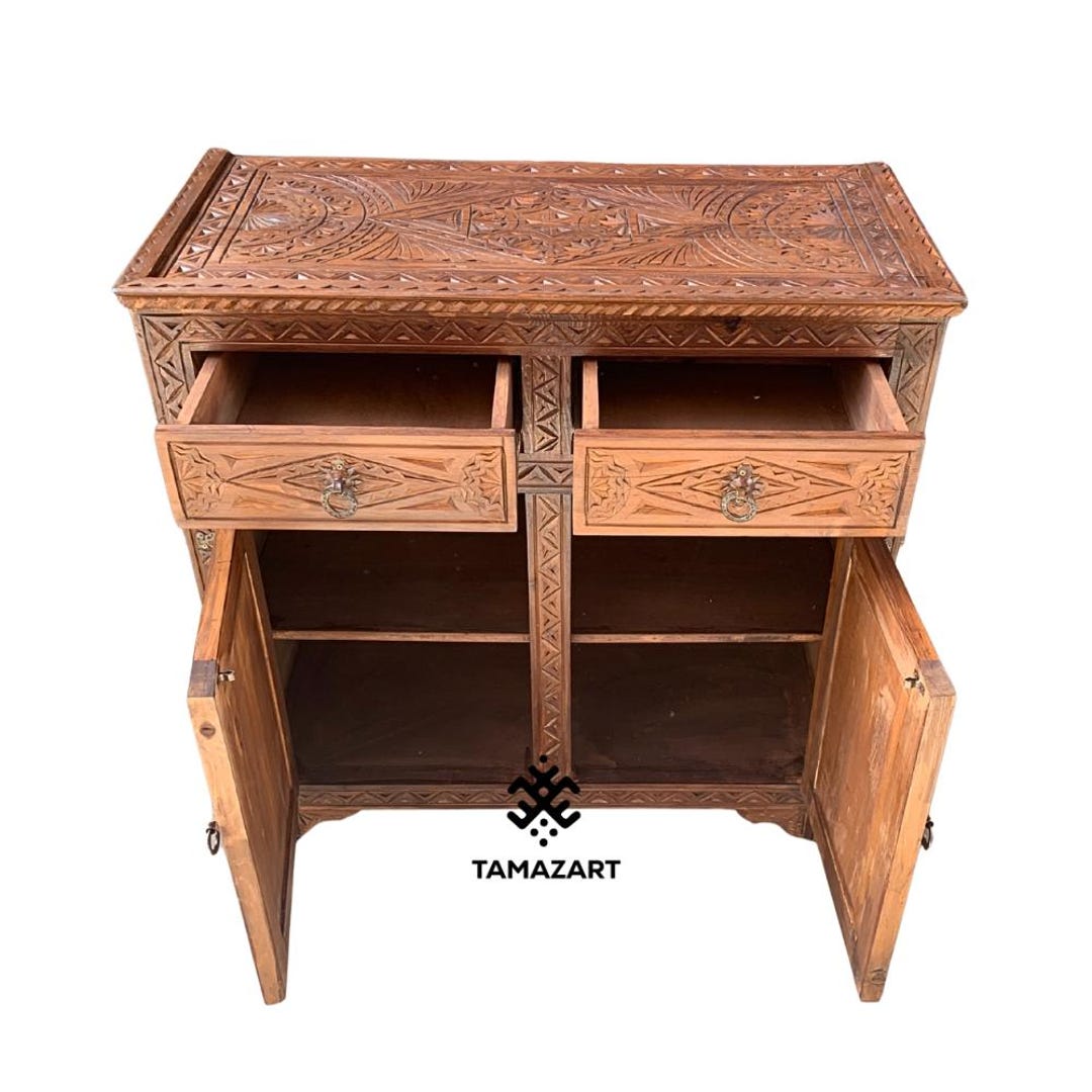 Cedar Hand‑carved Moroccan Sideboard, 2 Doors 2 Drawers, Slim 35cm ...
